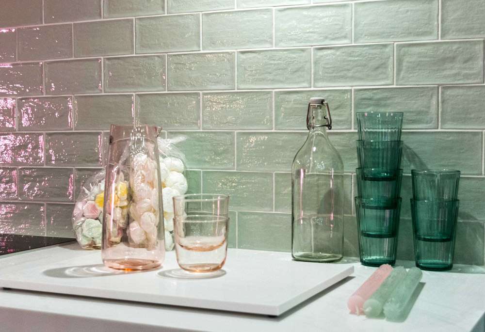 Wood and Rustic Metro Tiles: Modern Pink Kitchen - Walls and Floors