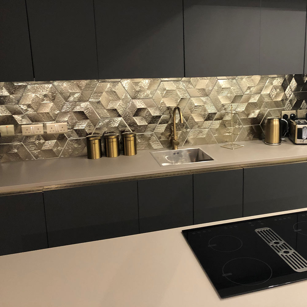 Becky Added the Midas Touch to Her Kitchen with Gold Ore Hexagon Tiles ...